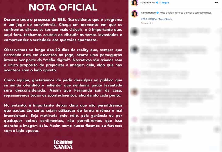 BBB24: Equipe de Fernanda se pronuncia após polêmica sobre Davi ...