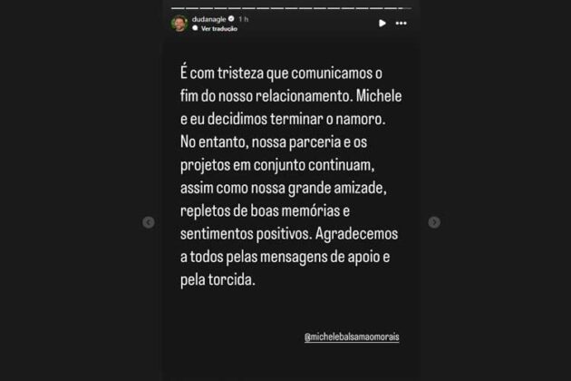 Duda Nagle anuncia o fim do namoro com Michele Balsamão: 'Tristeza ...