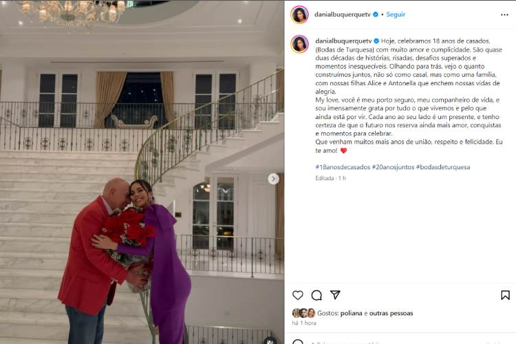 Daniela Albuquerque celebra 18 anos de casamento com Amilcare Dallevo ...