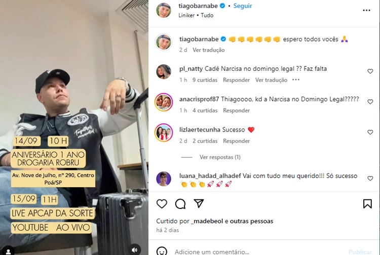 Tiago Barnabé, a Narcisa, deixou o Domingo Legal? Entenda o sumiço do ...