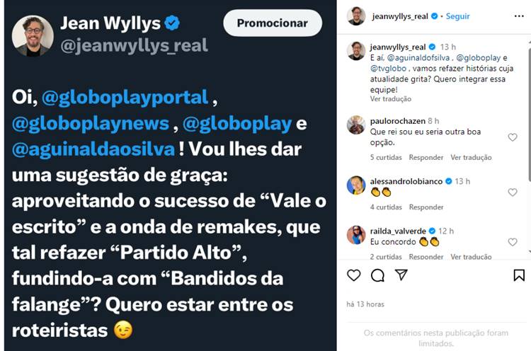 Jean Wyllys surpreende ao pedir remake a Globo e se oferece para ...