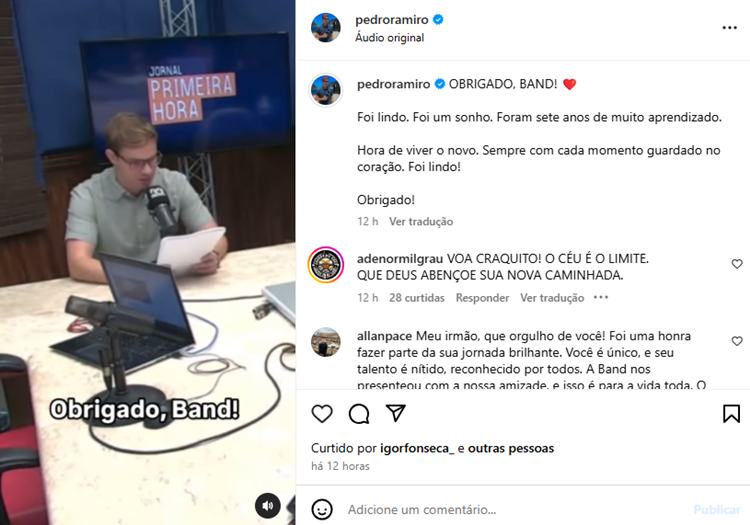 Jornalista Pedro Ramiro se despede da Band após 7 anos: "Hora de viver ...