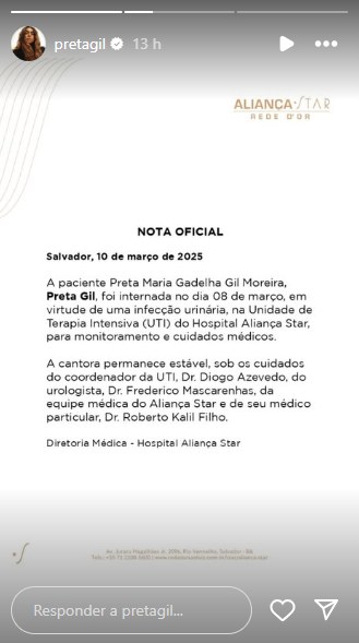 Preta Gil segue internada e boletim médico detalha real quadro de saúde ...
