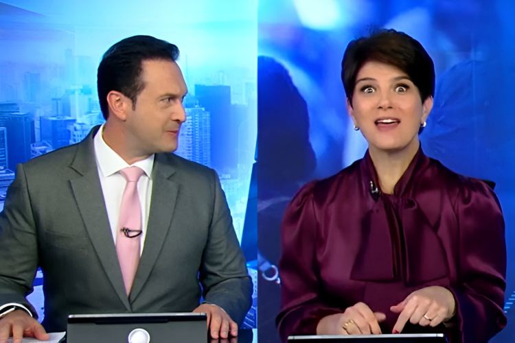 ‪Climão? Eduardo Ribeiro leva invertida de Mariana Godoy, ao vivo, no Jornal da Record: “E você ...