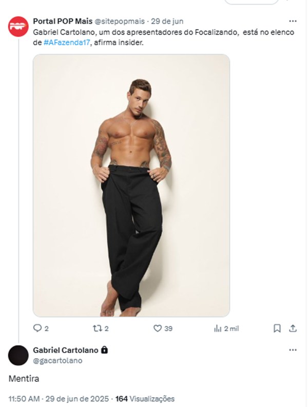 Gabriel Cartolano estará em A Fazenda 17? A verdade vem à tona - Portal ...