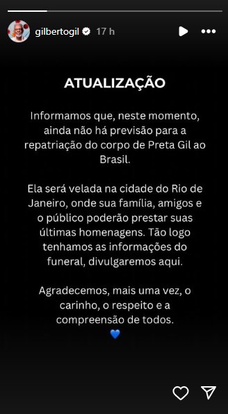 Gilberto Gil fala sobre quando corpo de Preta Gil chegará ao Brasil - Portal Área VIP