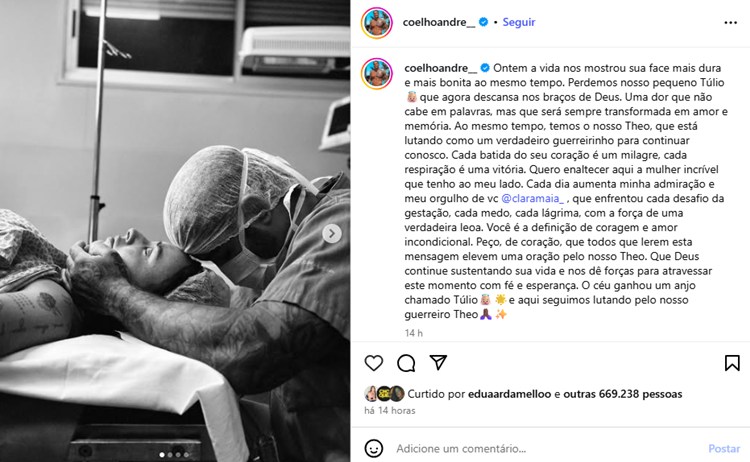 André Coelho comunica morte de um dos filhos gêmeos com Clara Maia: "O céu ganhou um anjo ...